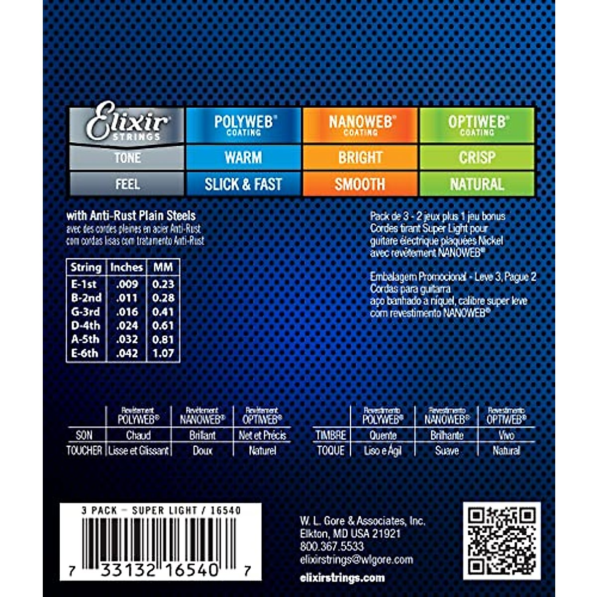 Elixir® Strings 16540 Electric Guitar Strings with NANOWEB® Coating, 3 Pack, Super Light (.009-.042)