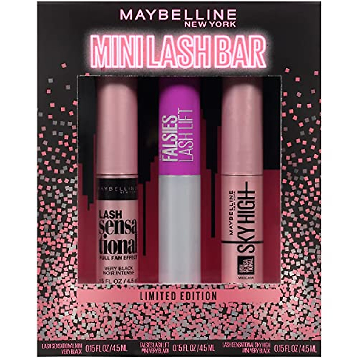 Maybelline The Falsies Holiday Mini Lash Bar Washable Mascara Kit, Eye Makeup, 3 Mini Mascaras, Lash Sensational Mascara, The Falsies Lash Lift Mascara, Sky High Mascara, Very Black, 1 kit