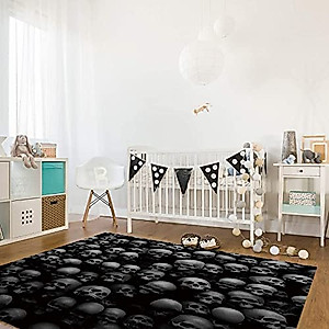 Black Horror Skull Head Area Carpet, Halloween Mysterious Abstract Decorative Rug, Printed Rugs Upholstery Rug with Non-Slip Backing for Living Room Bedroom Dining Room Office6 x 8ft