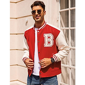 COOFANDY Men Varsity Jackets High School Letterman Jacket Wool Bomber Jacket Casual Jacket Red