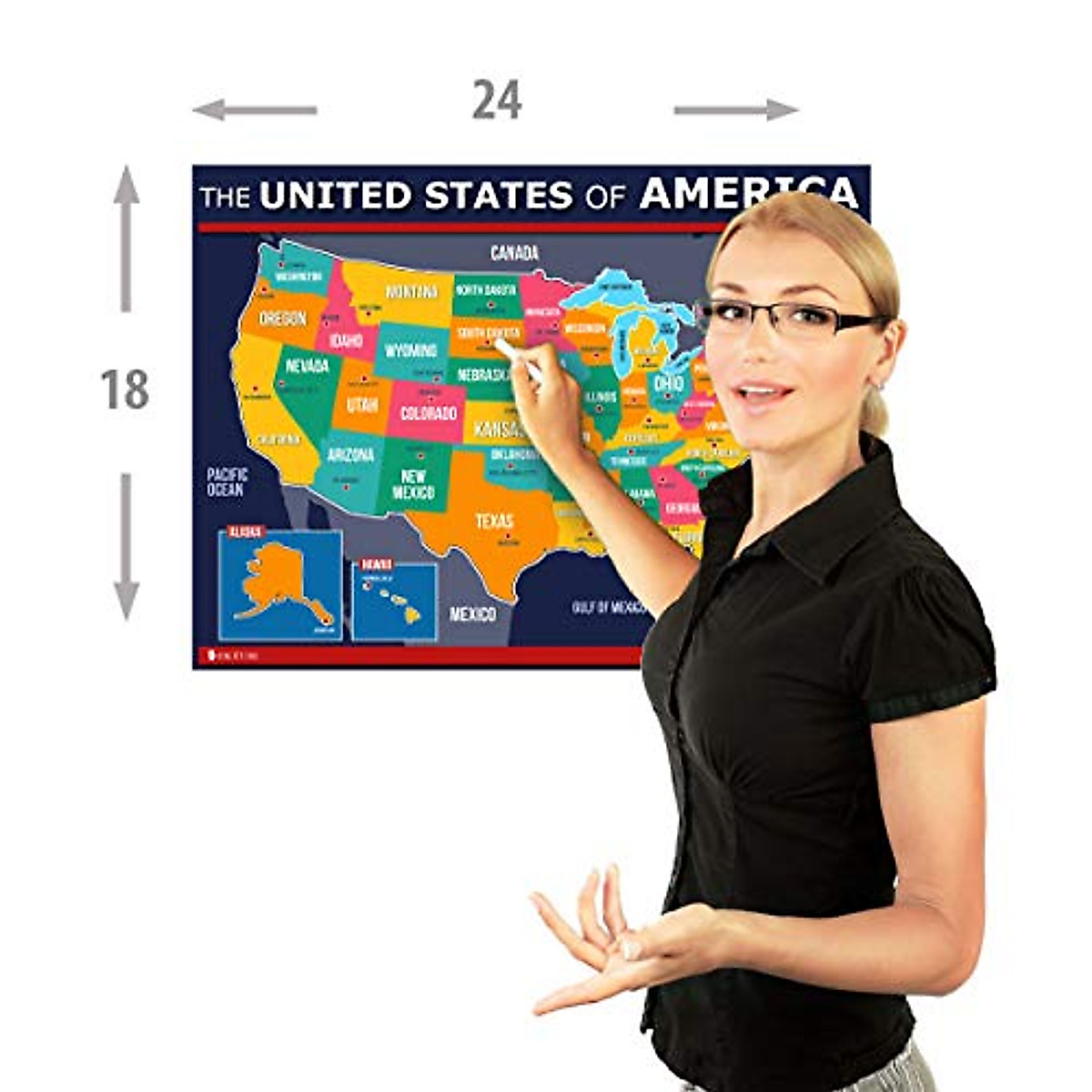 USA and World map poster 2 pack for kids Laminated blue (Updated Fixed V2.0) Young N Refined (18x24)