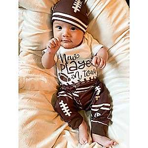 Aslaylme Newborn Baby Boy Clothes Coming Home Outfit New Player in Town Football Romper (Brown, 0-3 Months)