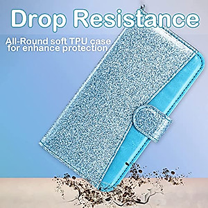 Coolwee Wallet Case Compatible iPhone 13 Pro Max Flip Folio Cover with Card Slots Kickstand Design Wrist Strap Girls Women Glitter PU Leather Compatible with Apple iPhone 13 Pro Max Blue Glitter