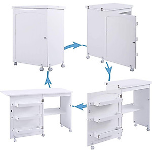 COSTWAY Folding Sewing Table, Multipurpose Craft Station Desk, Display Cabinet with Shelves Storage, Lockable Wheels, Rolling Sewing Machine Desk for Home Apartment, White