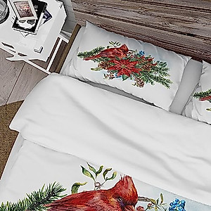 DESIGN ART Designart 'Christmas Poinsettia and Red Cardinal Bird' Traditional Duvet Cover Comforter Set King Cover + Comforter + 2 King Shams 4 Piece