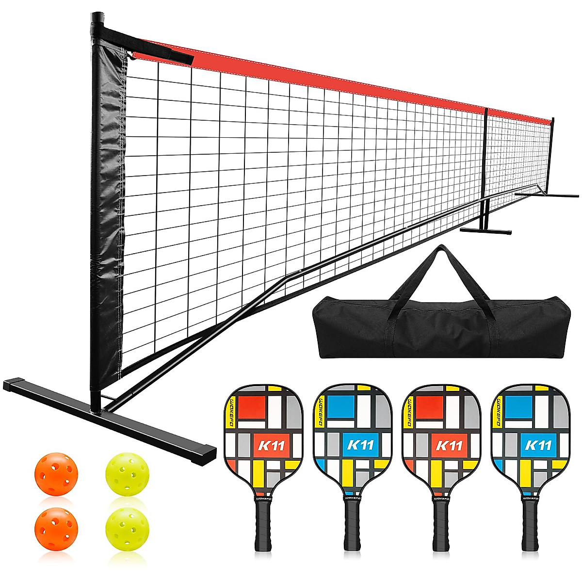 Pickleball Net Set - Portable Pickleball Net System, Steady Metal Frame, 22FT Regular Size, 4 Pickleball Paddles & 4 Balls, 1 Carry Bag, Pickleball Set for Indoor Outdoor Play