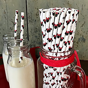 Minnie Mouse Inspired Mouse Ears and Polka Dot Paper Straws - Red White Black - 7.75 Inches - 100 Pack - Outside the Box Papers Brand