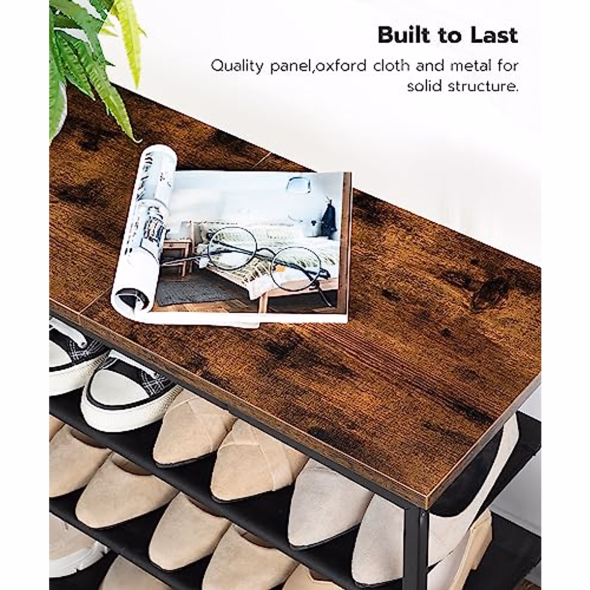 HOOBRO Shoe Rack, 4 Tier Shoe Storage Organizer, Shoe Shelf with 3 Oxford Fabric Shelves and Top Panel, Holds 12-16 Pairs of Shoes, for Entryway, Closet, Steel Frame, Industrial, Rustic Brown BF47XJ01G1