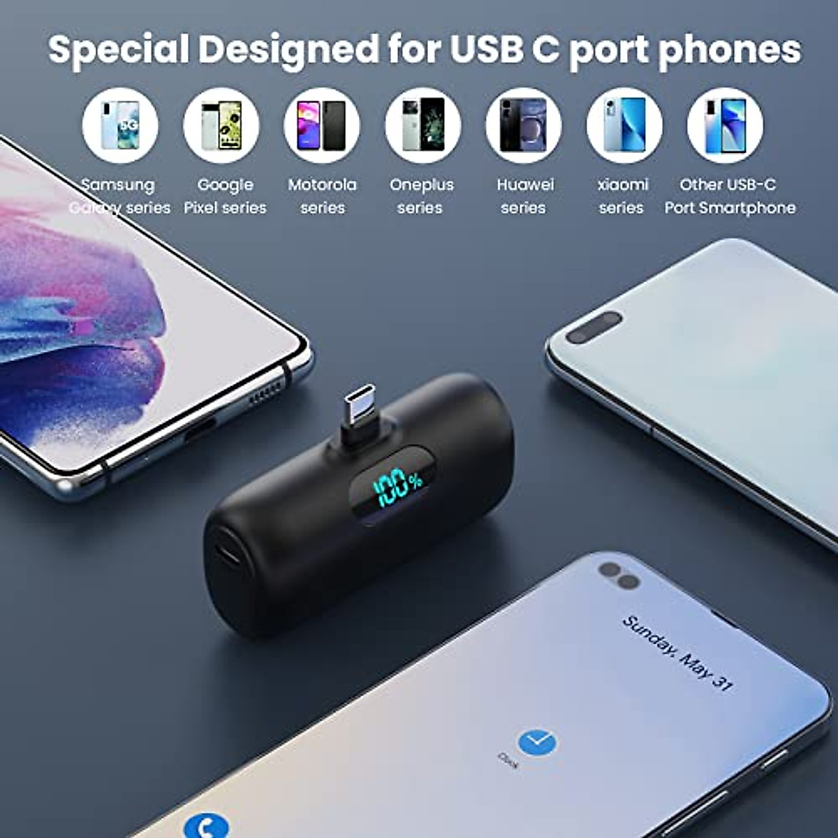 Mini Portable Charger 5000mAh Power Bank, 15w PD USB C Cell Phone Portable Power, LCD Display Battery Pack Compatible with Android Phone/Samsung Galaxy S22,S21/Note/Moto/LG/Pixel /Nexus/OnePlus 9 etc