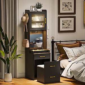 JDPAG 3-in-1 Vanity Desk with Mirror and Lights, Makeup Vanity Table with Cushioned Stool, Compact Dressing Table Writing Desk for Small Spaces, Vanity Set for Bedroom