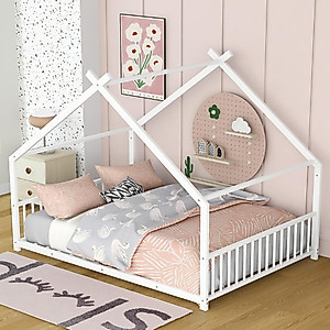 Kids Montessori Floor Bed Frame, Full Size House Bed Frame with Headband and Slats, Heavy Duty Metal Montessori Bed for Kids, Girls, Boys, White Floor Bed Full Size