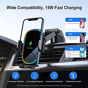 Wireless Car Charger Mount, SOARUN [Unique 7 Colors LED Dynamic Backlit] 15W Wireless Fast Charging Car Phone Holder, Auto-Clamping Wireless Car Charger for iPhone 14 Pro 13 12, Samsung S23 Ultra S22