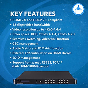 OREI Professional 4K 4X4 HDMI Matrix Video Wall, Seamless Switching HDCP 2.2 UltraHD 4K @ 60Hz 4:4:4 Switcher & IR Control, Audio Extract, RS-232 - Zero Latency 4 Displays 2x2 Video Wall @ 1080P
