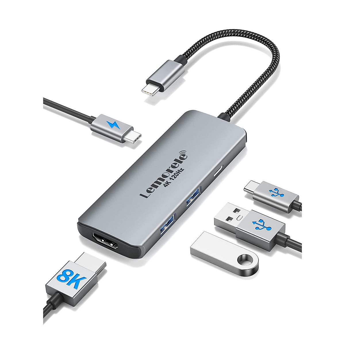 USB C Hub 4K 120Hz, Lemorele USB-C Multiport Adapter 5-in-1 w/HDMI 8K@30Hz, 100W PD, 2 USB 3.0, USB C 3.0 Data Port for MacBook Pro/Air M1, iPad Pro/Air M1/Mini, Surface Pro, XPS, Game Devices