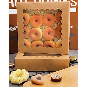 qiqee Auto-pop up Brown Pie Boxes with Window 10x10x2.5 inch 30Packs Cookie Donut Bakery Box