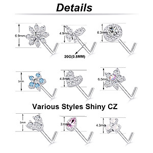 Tornito 9Pcs Nose Rings Stud L Shaped Nose Ring Flower CZ Snowflake Butterfly Screw Nose Stud Body Piercing Jewelry for Women Men 20G Silver Tone