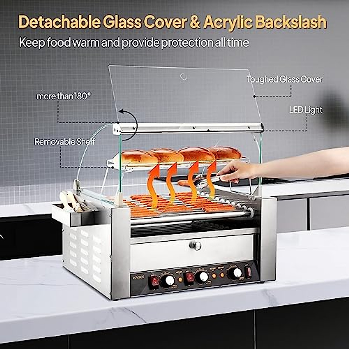 ROVSUN Hot Dog Roller Warmer 2000W, 11 Rollers 30 Hot Dog Roller Grill Cooker Machine w/Bun Warmer, Cover, Dual Temp Control, LED Light, Removable Shelf & Drip Tray for Party Home Commercial