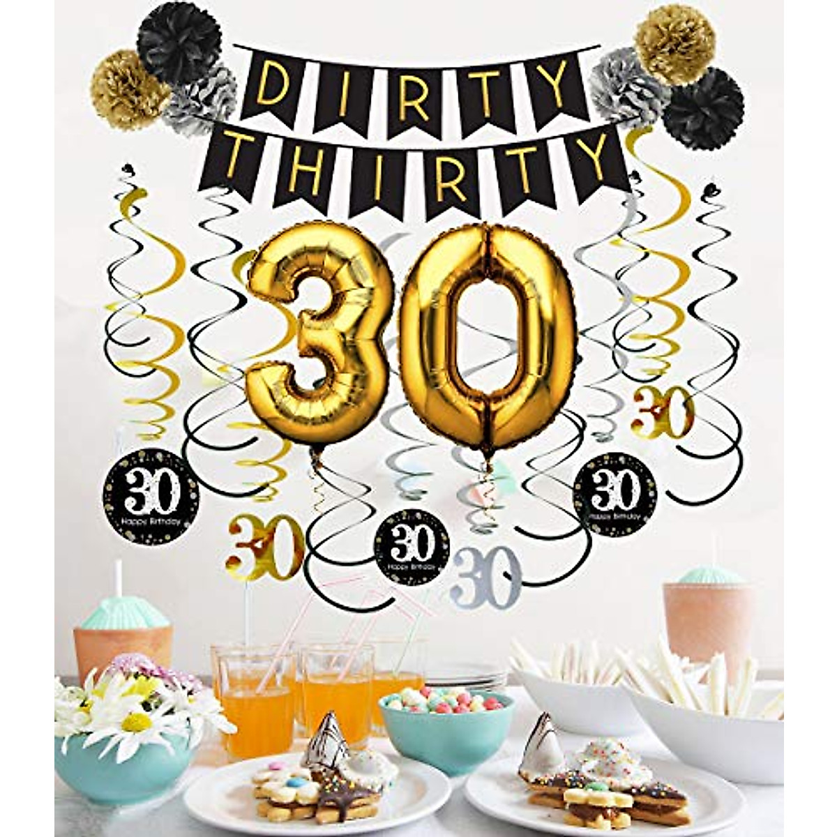 Dirty Thirty Banner with Pom Poms 30th Glittery Hanging Streamers 30 Years Old Balloons for 30th Happy Birthday Party Decorations Pack