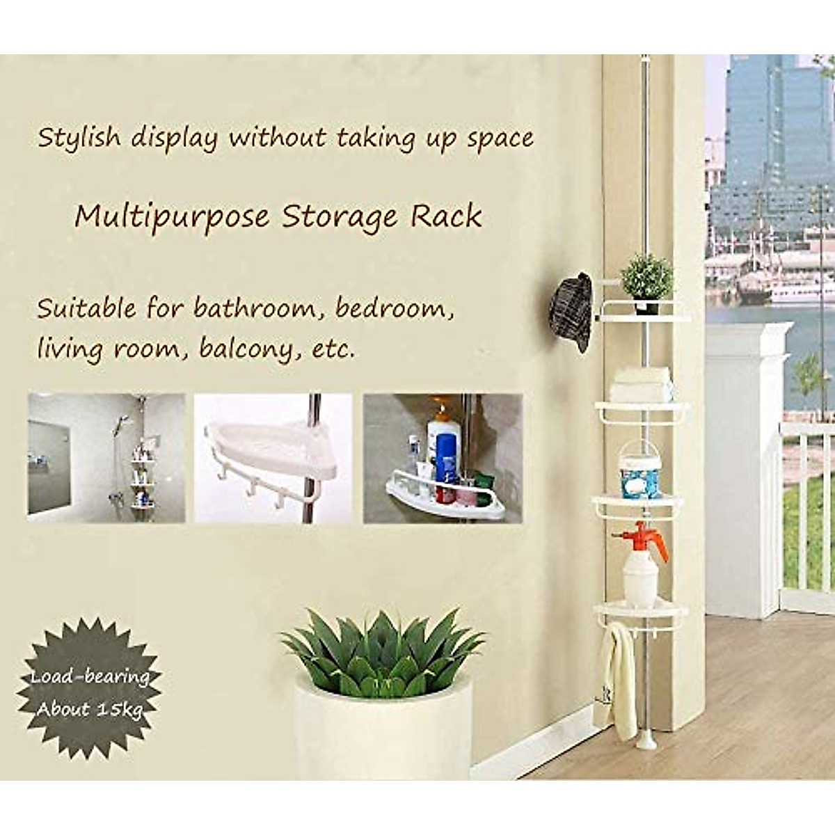 Hershii 4 Tiers Corner Shower Caddy Tension Pole Bathtub Shelf Organizer Adjustable Bathroom Storage Rack Space Saving with Towel Bar - Ivory