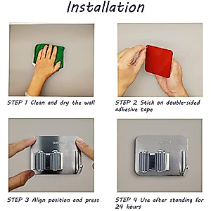 Broom Mop Stainless Wall Mount Holder with Mopping Cloth Hooks Self Adhesive Tape, Brush Broom Gripper Holds , Storage Racks & Organization Hooks for Your Home Kitchen Garage Garden Tool Rack 2 Pack