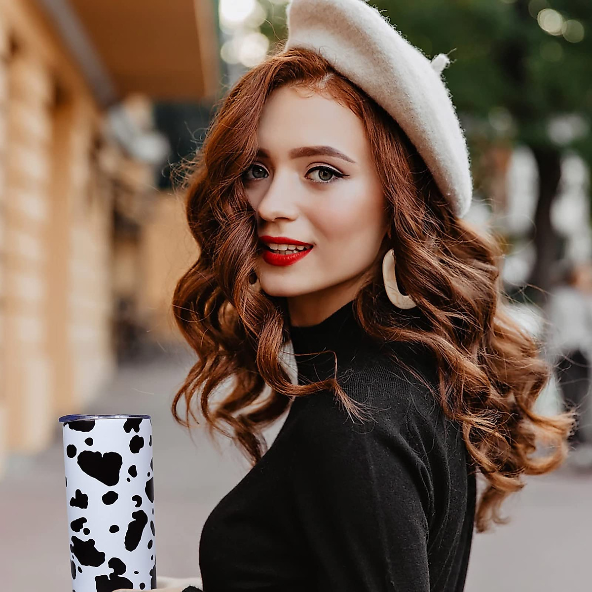 IchDich Cow Print Tumbler With Lid and Straw 20 oz Insulated Black Cow Tumbler Stainless Steel Cow Print Skinny Tumbler Water Bottle Coffee Cups Travel Mug Gifts for Women