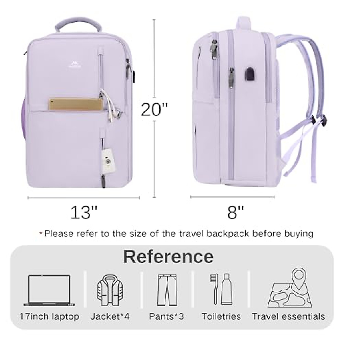 MATEIN Travel Backpacks for Women, Flight Approved 17 Inch Carry on Luggage Backpack with USB Charge Port, 40L Laptop Daypack Business College Overnight Weekender Bag, Light Purple