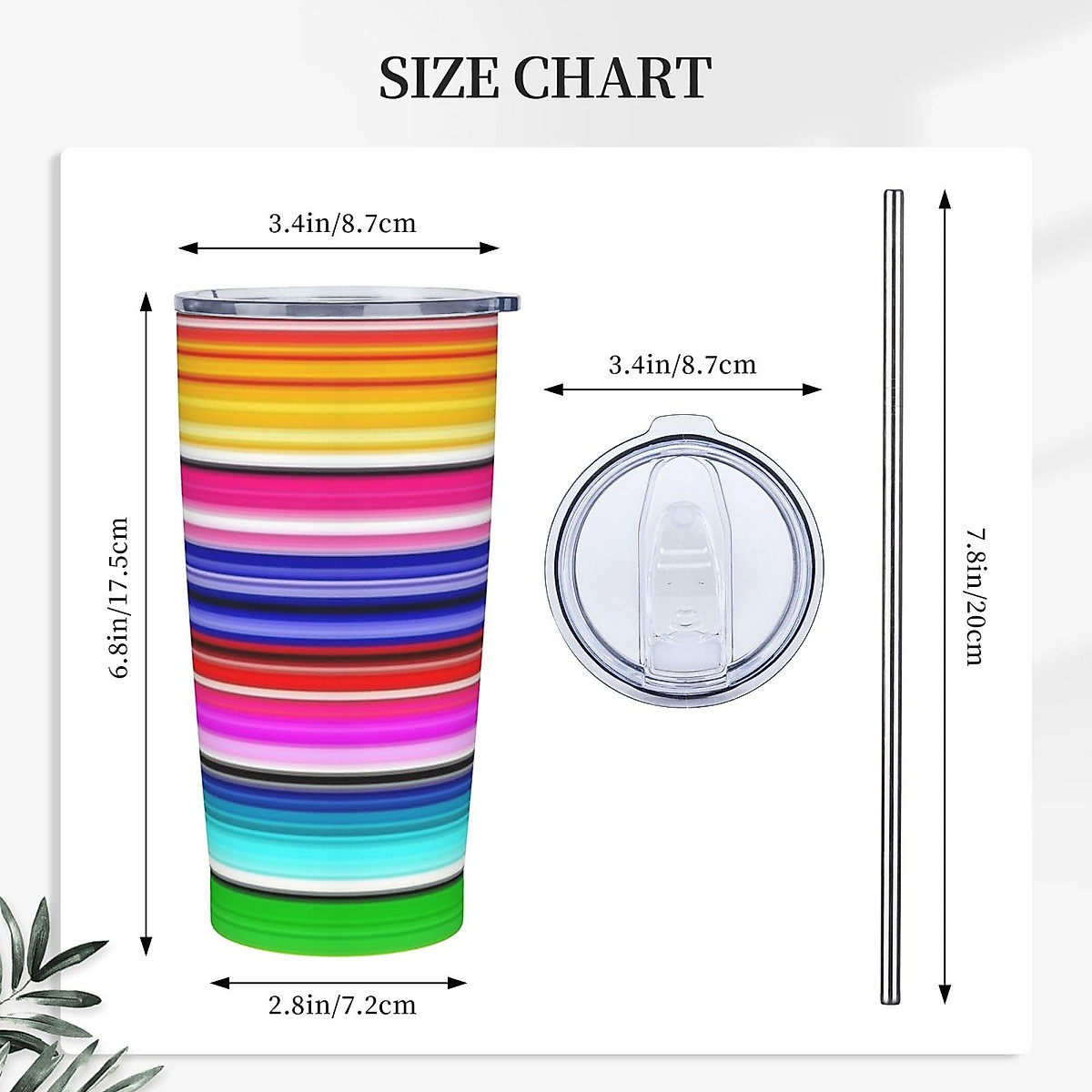 EVANEM 20 Oz Stainless Steel Tumbler With Straw Cleaner Colorful Mexican Stripes Printed Insulated Cup Travel Coffee Mug Vacuum Insulated Tumblers For Home Office