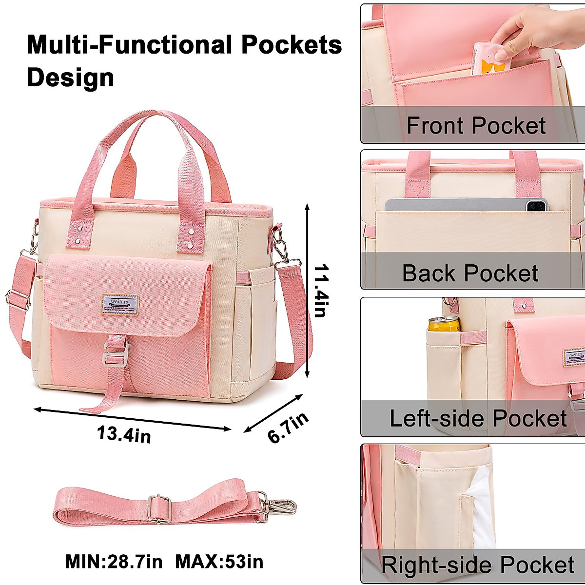 Weitars Insulated Lunch Bag for Men Women,Leak Proof Lunch Box for Work,Extra Large Lunch Tote Bag With Removable Shoulder Strap with Side Pockets,Reusable Lunch Bag For Picnic Hiking