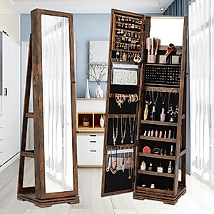 Buymoth 3-in-1 Rotating Jewelry Armoire Cabinet, Freestanding Lockable Jewelry Cabinet Organizer w/Full Length Mirror, Large Storage Capacity, Built-in Makeup Mirror & 3-Tier Rear Shelves,Rustic Brown