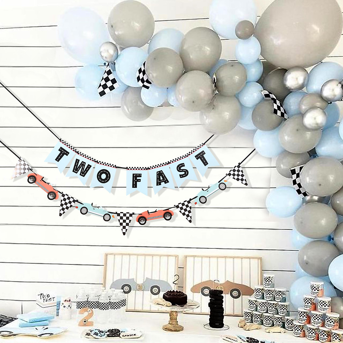 Two Fast Banner - Two Fast Birthday Decorations,Two Fast Car Birthday Party,Racing Second Birthday Decorations,Race Car Two Fast Flag Banner
