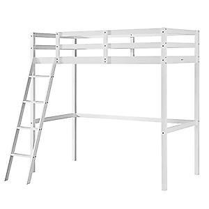 JOYMOR High Loft Bed Frame Twin Wooden Loft Bed for Kids, Junior, Teens, Adults Single Bed, No Box Spring Needed,White