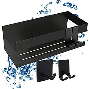 Shower Shelf without Drilling, Shower Shelf, Black Stainless Steel, Brushed Shower Basket, Bathroom Shelf, Organiser, Self-Adhesive Shower Shelf with Adhesive Tape and 4 Hooks, Shower Basket, Stainless Steel for Bathroom