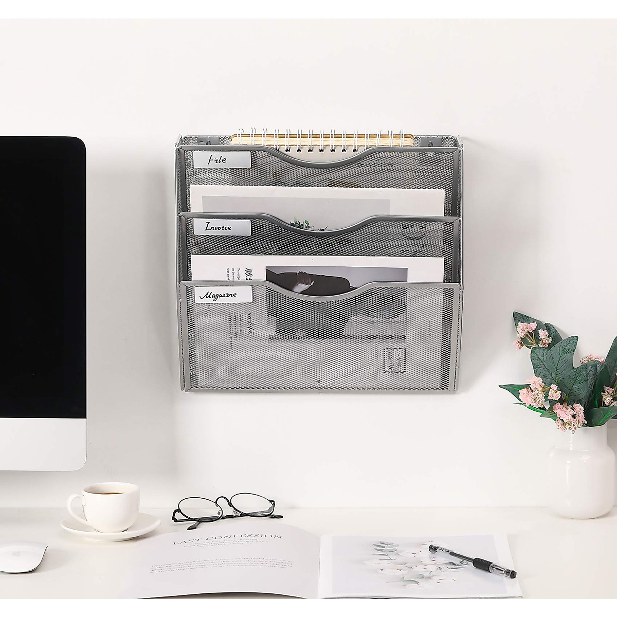 EasyPAG 3 Tier Wall File Holder Hanging Mail Organizer Meta Wall Mount Magazine Rack for Home and Office,Silver