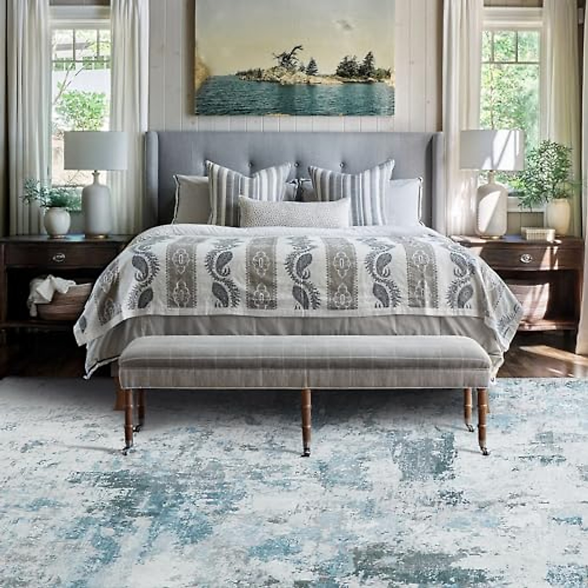 HOMBYS 10x14 ft Modern Abstract Area Rug for Living Room Bedroom, Large Floor Carpet with Non-Slip Backing for Indoor Office Dining Room, Boho Home Deco, Blue, Machine Washable