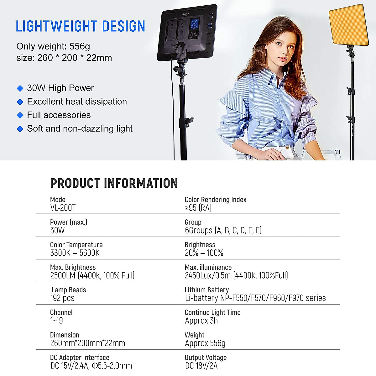 VILTROX 2 Packs LED Video Light kit with Light Stand and Wireless Remote, 30W/2450Lux Dimmable 3300K-5600K LED Panel Lights CRI 95+ for Photography Video Portrait Conference Vlog Streaming（VL-200T）