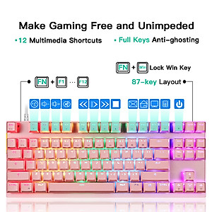 MOTOSPEED Professional Gaming Mechanical Keyboard RGB Led Backlit Wired with Anti-Dust Proof Switches for Gaming Keyboard for Mac & PC (Pink, 87 Key Blue Switches)