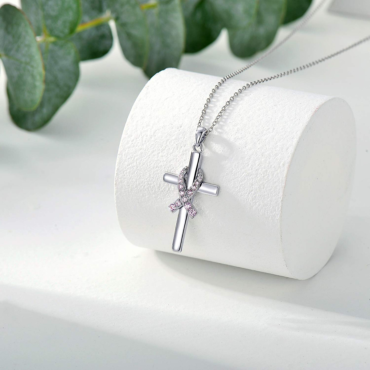 LEECCI 925 Sterling Silver Breast Cancer Awareness Necklace Cross Pendant Necklace Pink Ribbon Necklace Breast Cancer Survivor Gifts for Women