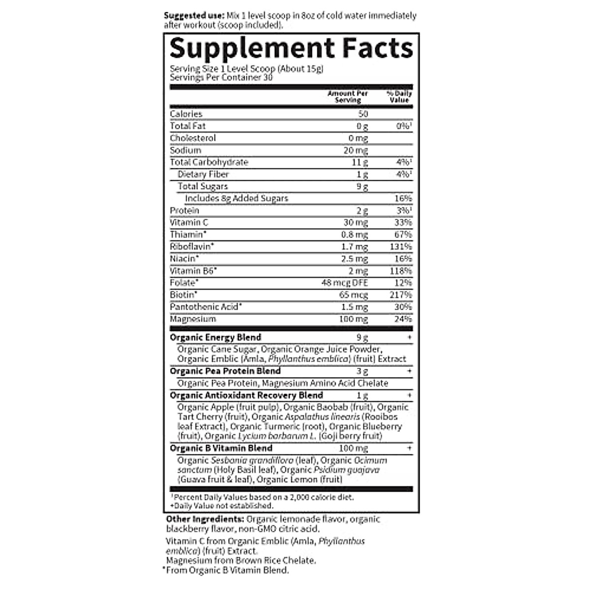 Garden of Life Sport Vegan Organic Plant Based Post Workout Muscle Recovery Powder for Men & Women - BlackBerry Lemonade 30 Servings, 100mg Magnesium, Antioxidants, Supplements, 15.7 Oz