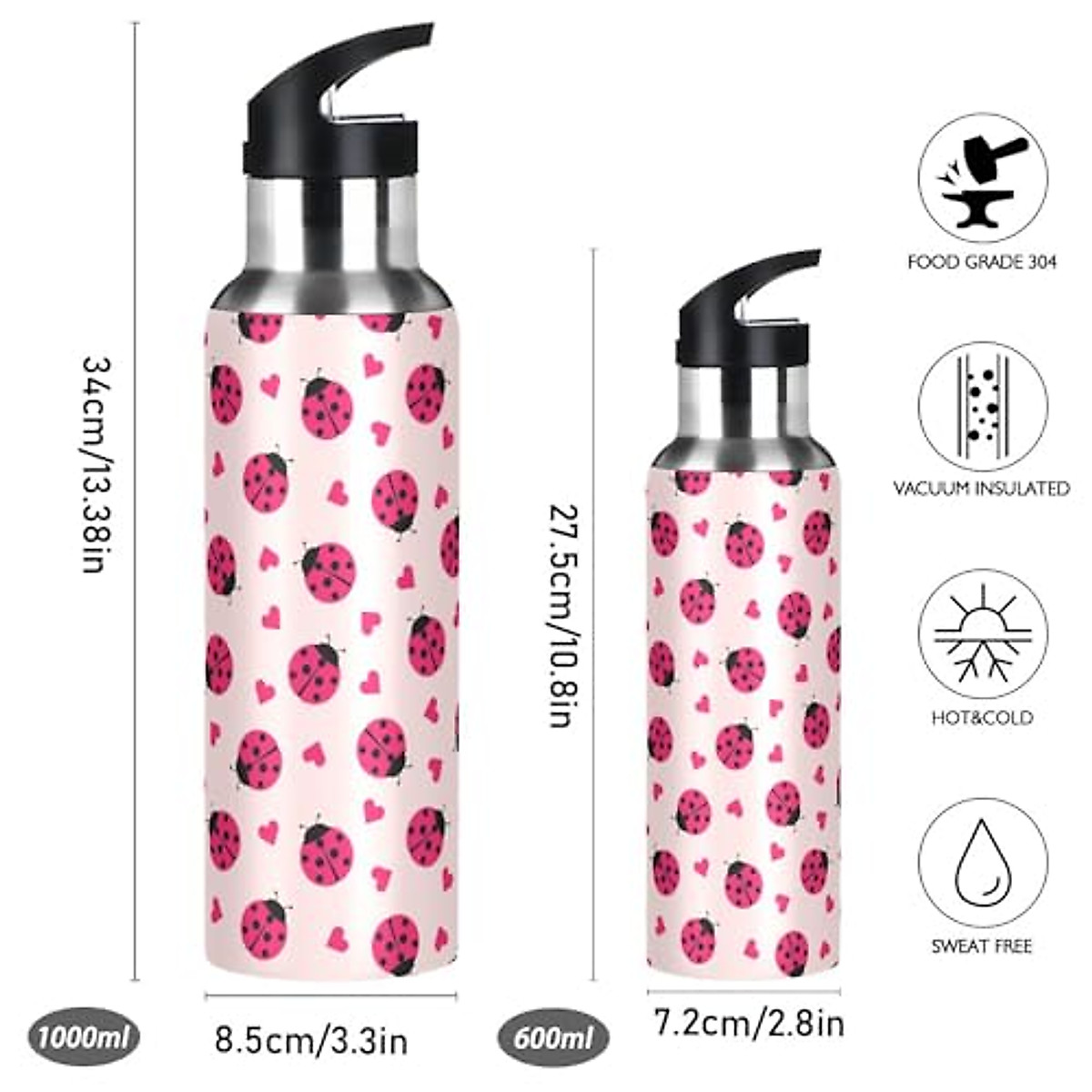 Cute Ladybugs and Hearts Insulated Water Bottle with Straw, Stainless Steel Sports Water Bottles, Double Wall Vacuum, Leakproof, BPA-Free 20 oz