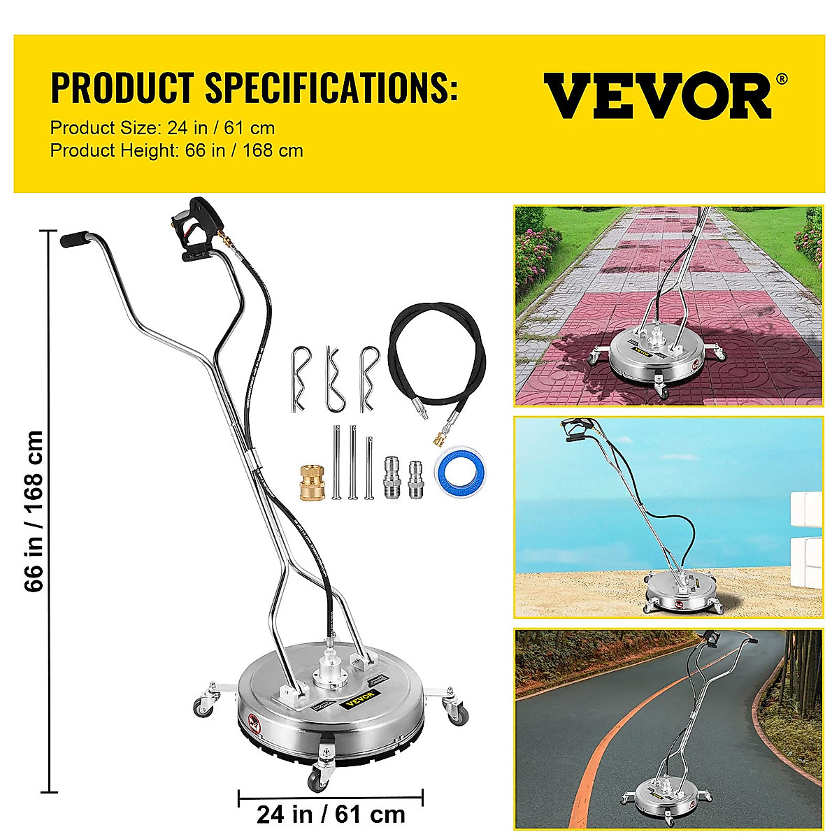 VEVOR 24" Surface Cleaner, 4000PSI Max. Pressure Flat Surface Cleaner, Stainless Steel Rotating Surface Cleaner, Pressure Washer Surface Cleaner w/ 3 Nozzles, Fit for 3/8" Quick Connector, for Patio