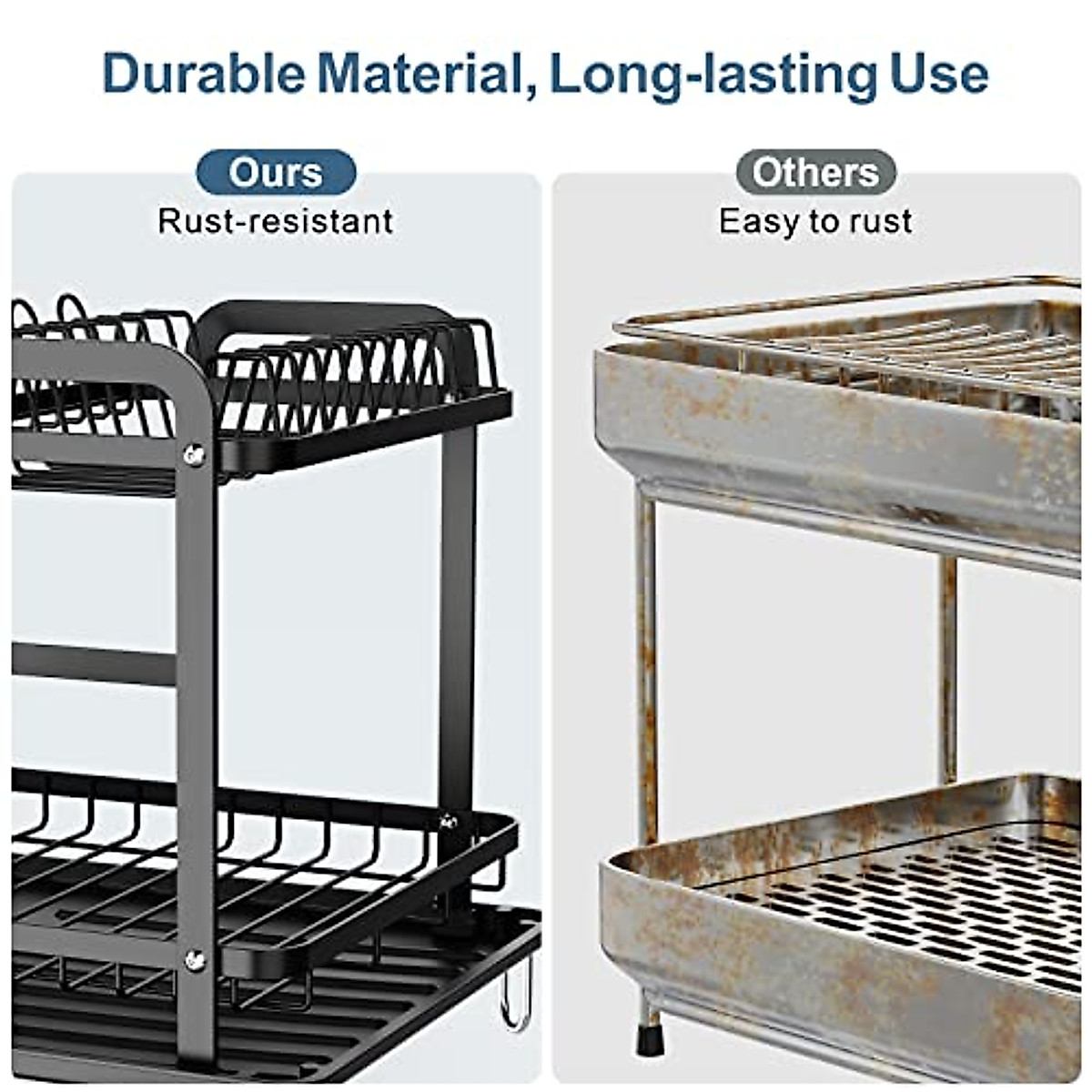 GSlife Dish Drying Rack with Drainboard - 2 Tier Rust Resistant Dish Rack for Kitchen Counter, Dish Drainer Racks Set with Utensil Holder, Cutting Board Holder, Black