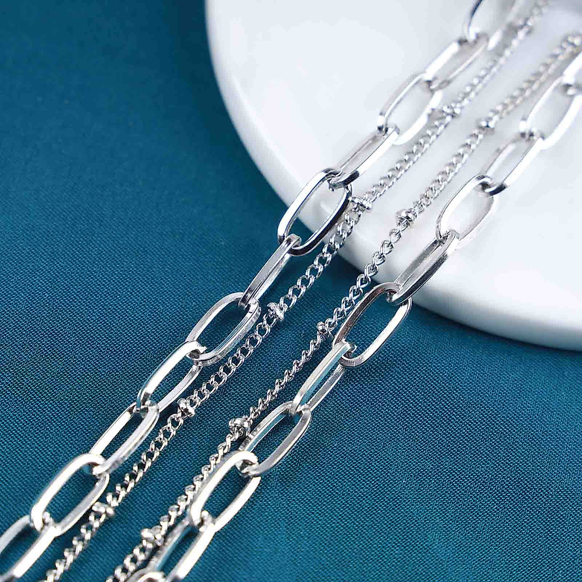 Yheakne Boho Layered Moonstone Necklace Silver Opal Moonstone Pendant Necklace Paper Clip Chain Choker Necklace Punk Flat Chain Necklace Jewelry for Women (Silver)