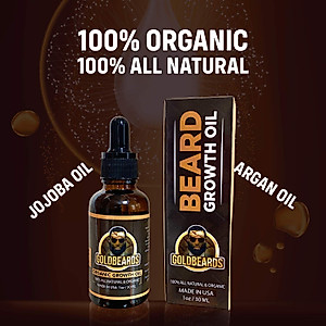 GOLDBEARDS GROWTH Beard Oil, 100% Pure Natural for Groomed Beards, Mustaches, & Moisturized Skin 1 Oz Infused with Argan, Jojoba, Avocado, Vitamin E, Biotin and Almond Oils