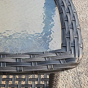 ovios Patio Coffee Table Outdoor Side Table Wicker Rattan Patio Table with Glass Top Garden Tea Table for Yard Garden Porch (Grey-Small Size)