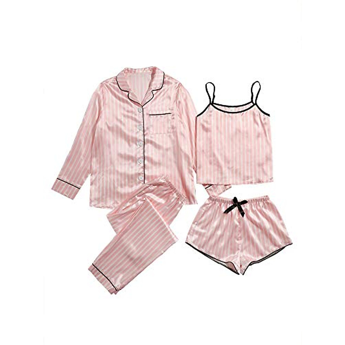 WDIRARA Women's Silk Satin Pajama Set 4 Pieces Sleepwear Loungewear Pj Sets Pink Striped L