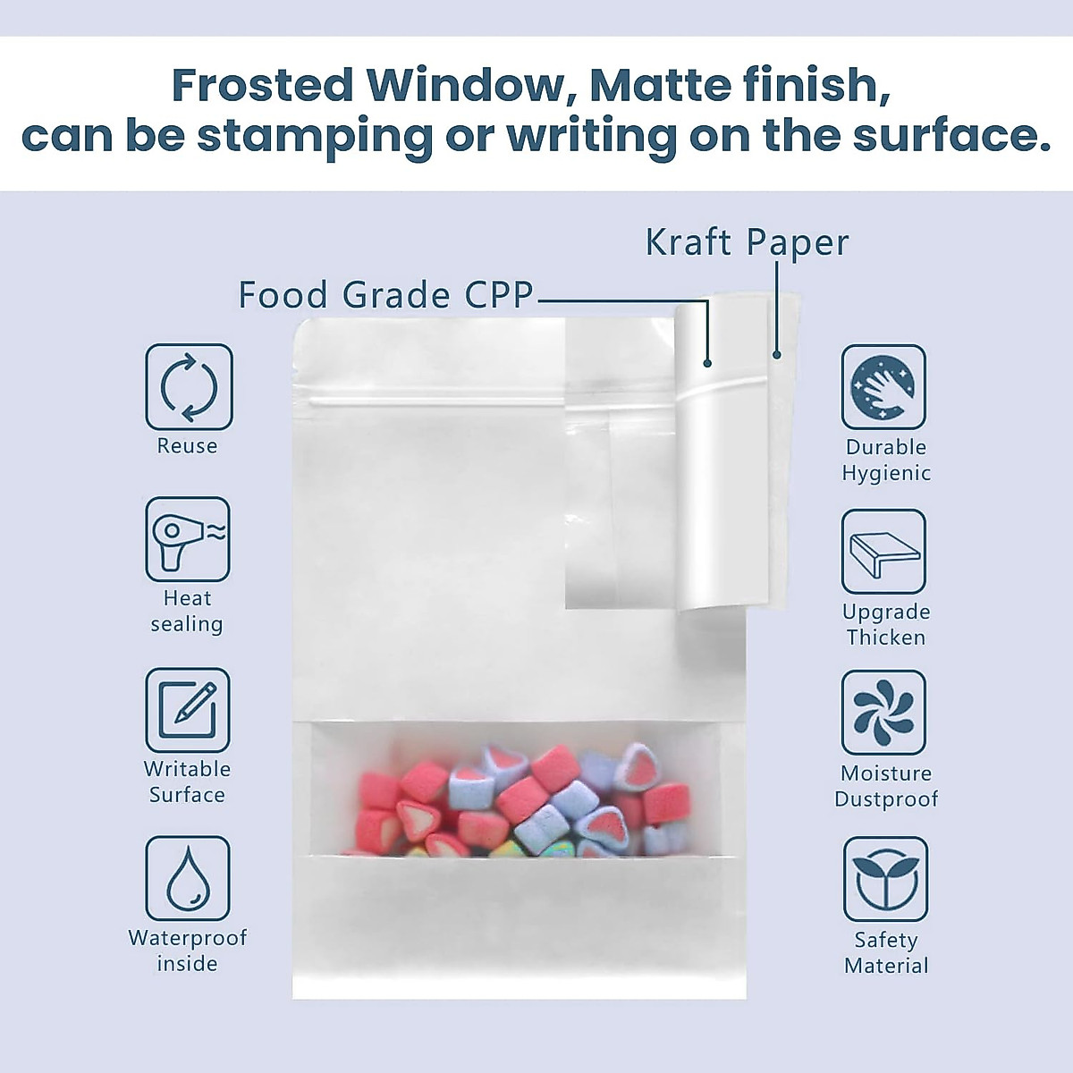 Muka 50 PCS 16 OZ White Kraft Mylar Bags Toaster Bags with Frosted Window, Heat Sealable, 8"W x 12"H x 4"D
