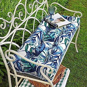 TWLEAR Tufted Bench Cushion for Outdoor Furniture, Patio Swing Cushion 44 x 19 x 5 Inch, Overstuffed Outdoor Chair Cushion for Garden Loveseat Lounge Storage, 1 Pack, Leaves Ink Blue