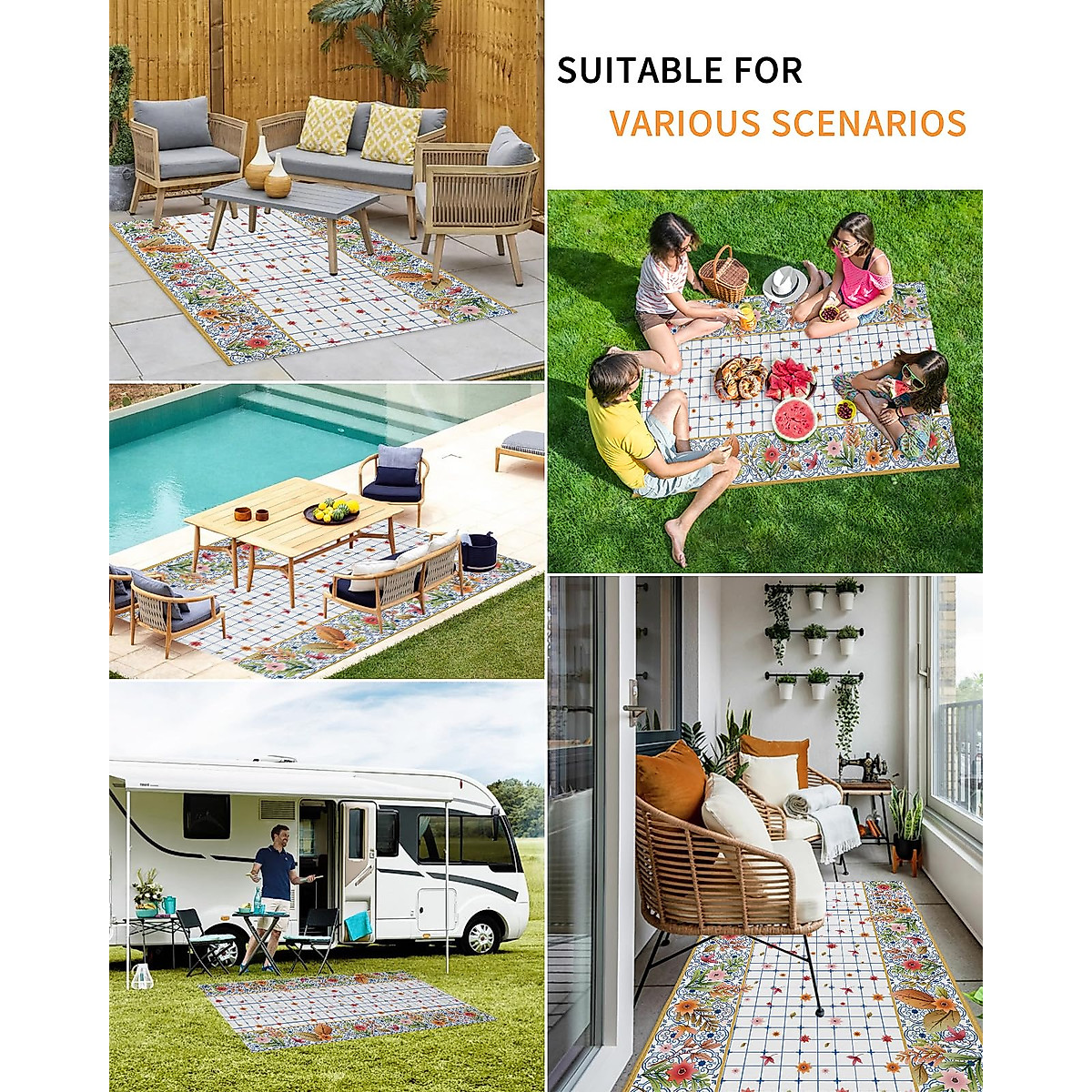 Outdoor Rug Waterproof Mat 4' x 6' for Patio, Summer Fall Ceramic Tile Floral Outside Indoor Non-Slip Front Door Mat RV Camping Carpet Area Rug for Balcony Picnic Beach Deck
