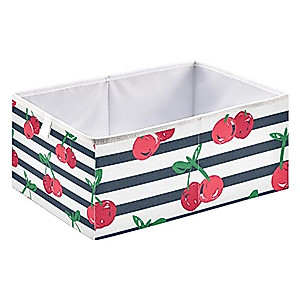 Poeticcity Seamless Red Cherries with Green Leaves on Black White Stripes Square Storage Basket Bin, Collapsible Storage Box, Foldable Nursery Baskets Organizer for Toy, Clothes Easy to Assemble