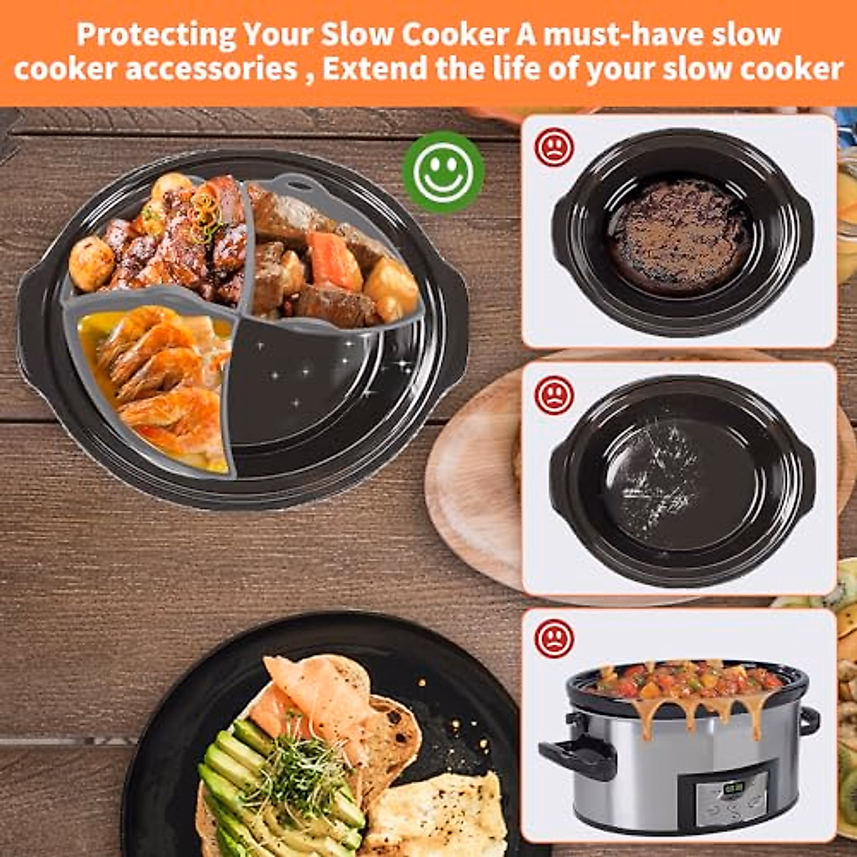 YSF Silicone Slow Cooker Liners, Reusable 4 Divider Inserts, Fits Crock-pot Oval 8 QT 4-in-1 Slow Cooking, Leakproof, Dishwasher Safe, Food-Grade BPA Free, 8 Quart Cook Four Dishes at Once (Gray)